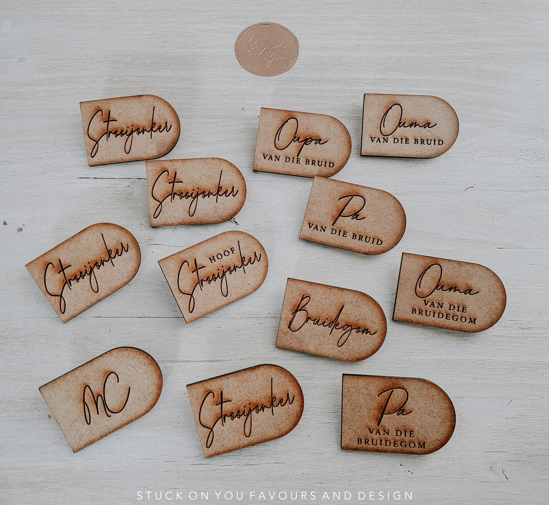 Personalised Lasercut Badges – Stuck On You Weddings
