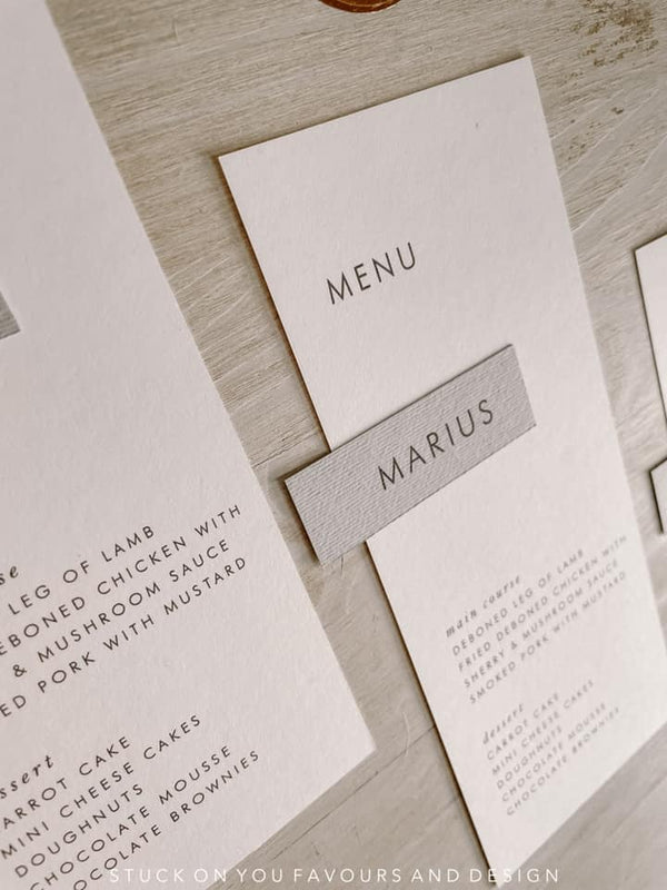 Grey and White Minimalist Menu – Stuck On You Weddings